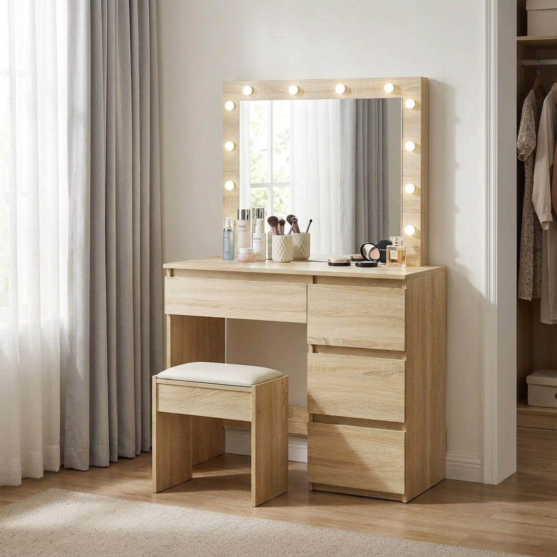 BEGONIA 2 Piece Dressing Table with Mirror & Stool Set - Oak – Treasurebox