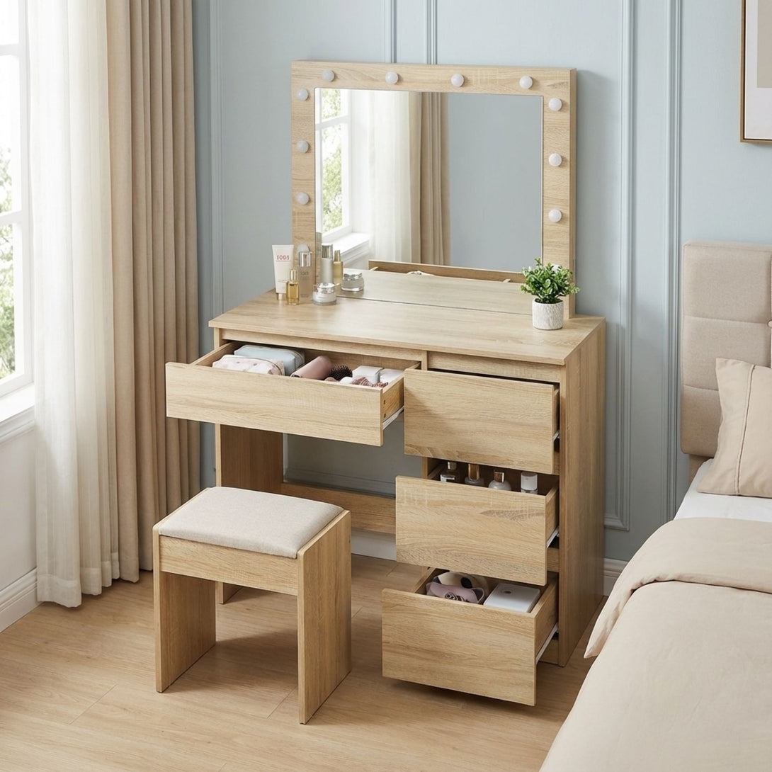 BEGONIA 2 Piece Dressing Table with Mirror & Stool Set - Oak – Treasurebox