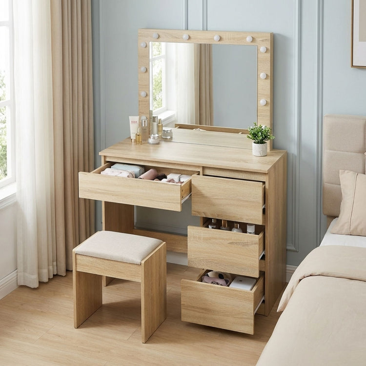 BEGONIA 2 Piece Dressing Table with Mirror & Stool Set - Oak – Treasurebox