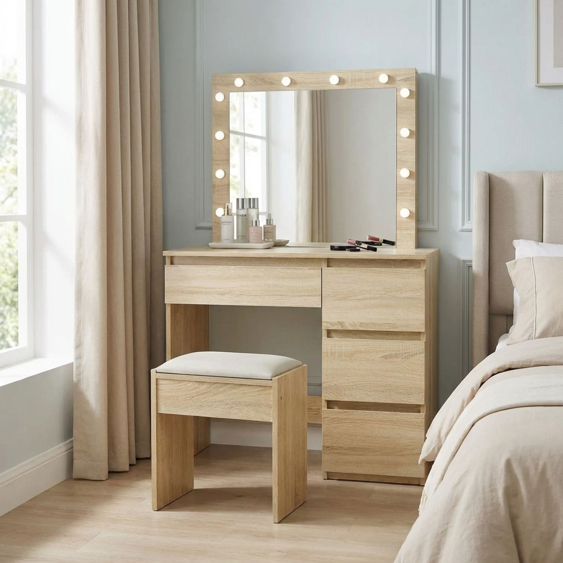 BEGONIA 2 Piece Dressing Table with Mirror & Stool Set - Oak – Treasurebox