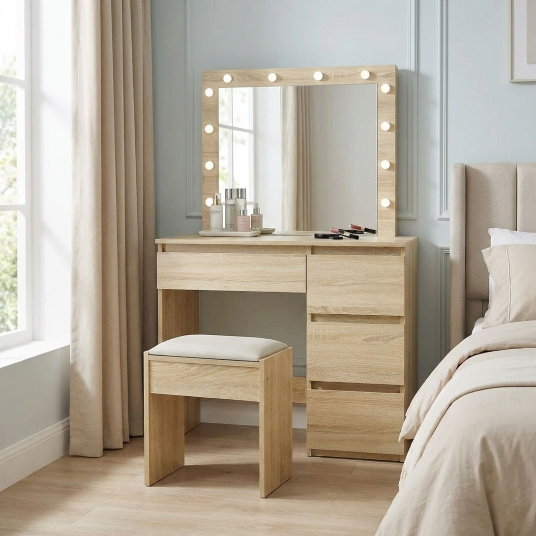 BEGONIA 2 Piece Dressing Table with Mirror & Stool Set - Oak – Treasurebox