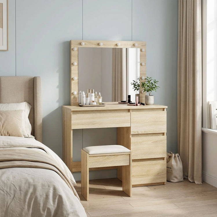 BEGONIA 2 Piece Dressing Table with Mirror & Stool Set - Oak – Treasurebox
