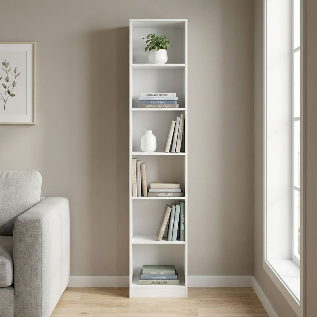 Nivo 6 Tier Slim Bookshelf Display Shelf - White – Treasurebox