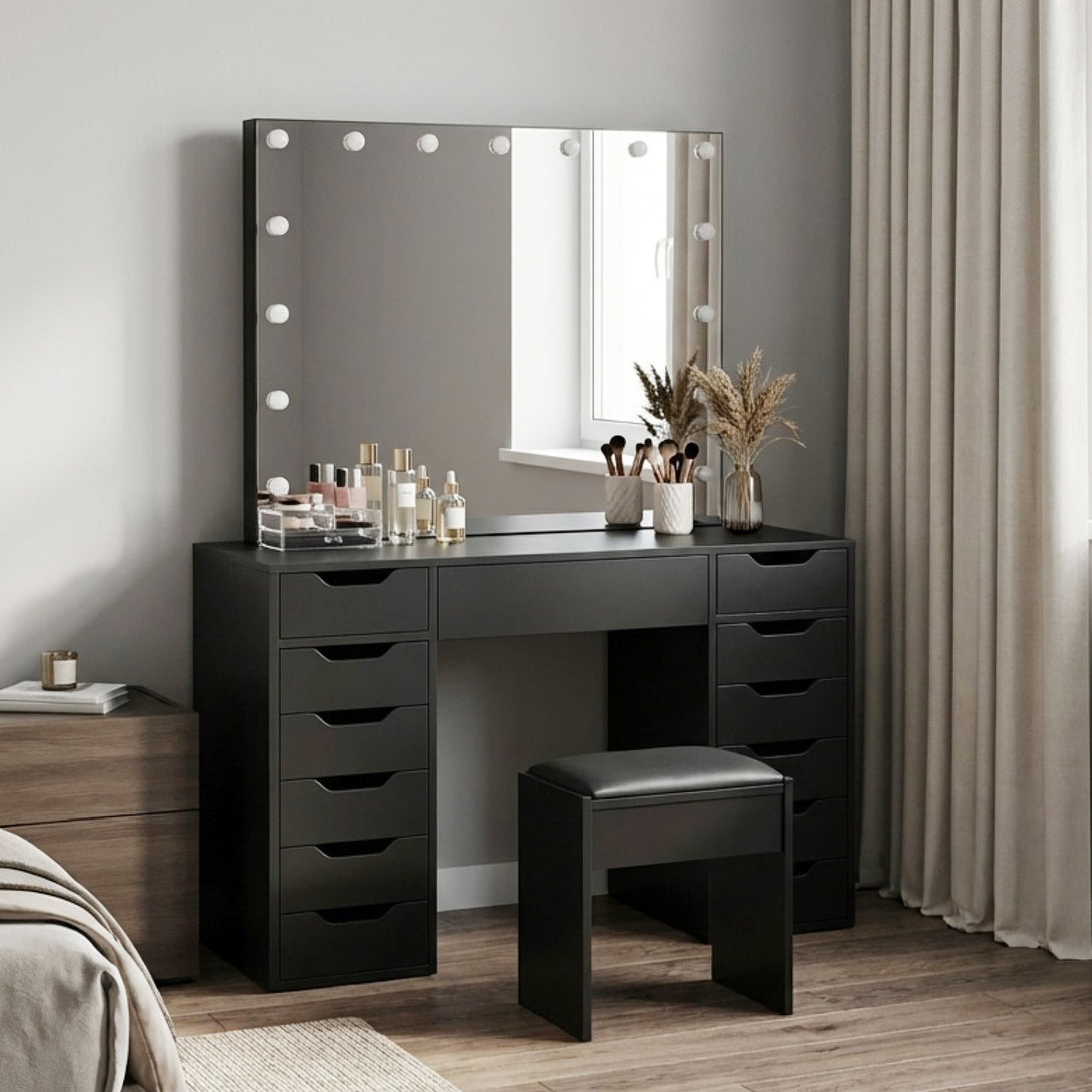 Lustra 2 Piece Dressing Table with Mirror & Stool Set - Black – Treasurebox