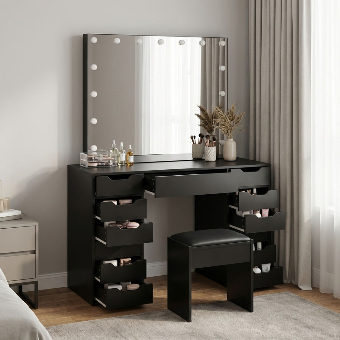 Lustra 2 Piece Dressing Table with Mirror & Stool Set - Black – Treasurebox