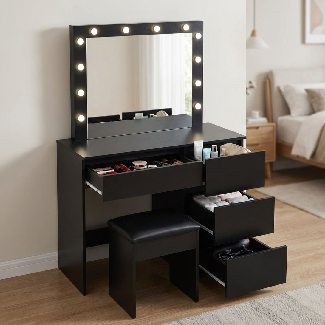 BEGONIA 2 Piece Dressing Table with Mirror & Stool Set - Black ...