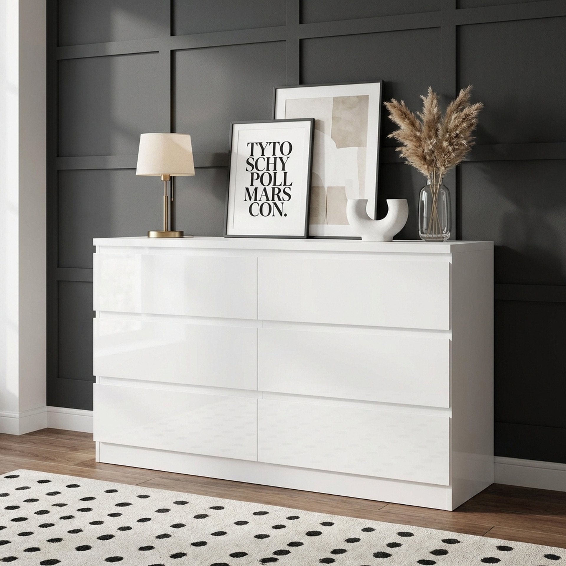 Angeles High Gloss 6 Drawer Lowboy - White – Treasurebox
