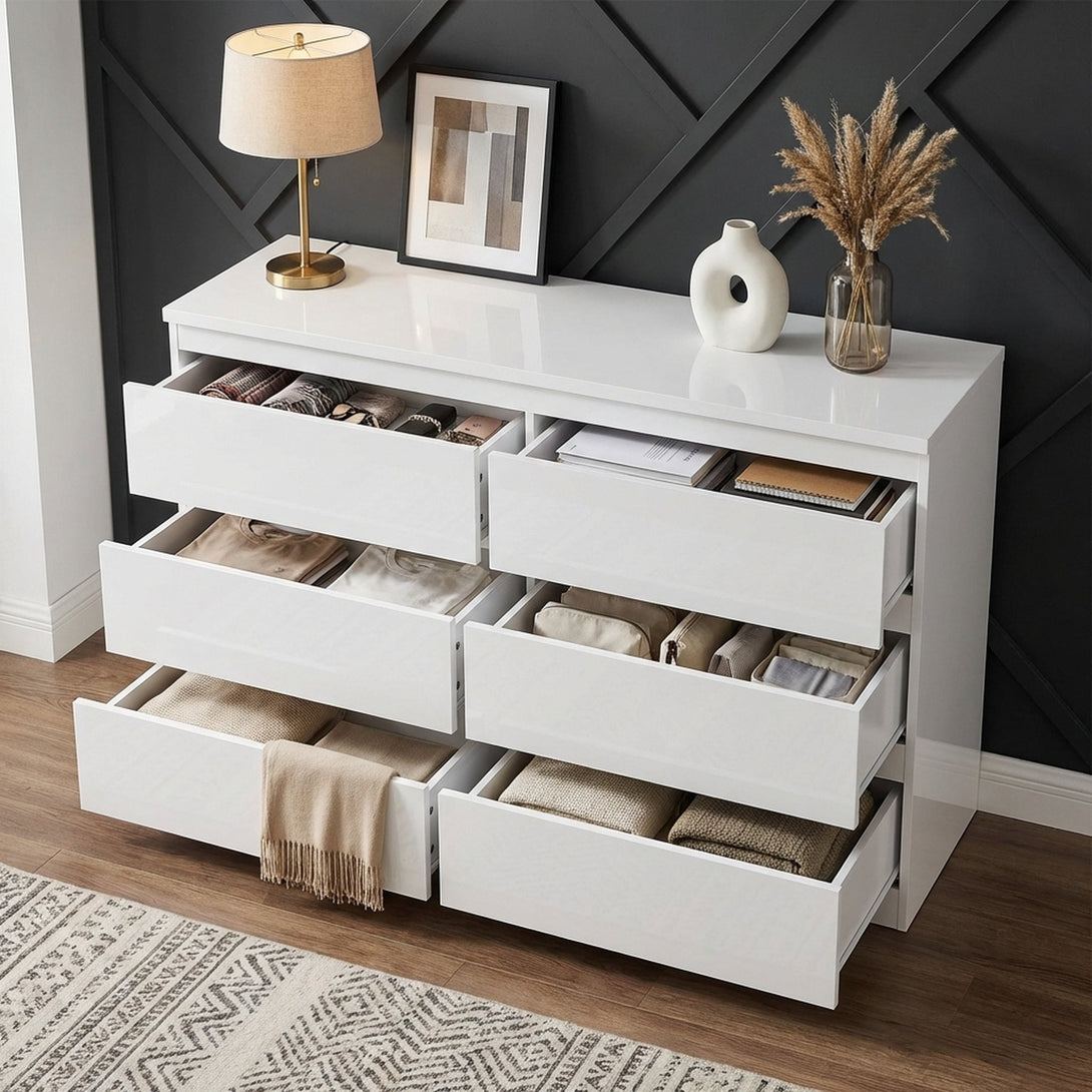 Angeles High Gloss 6 Drawer Lowboy - White – Treasurebox