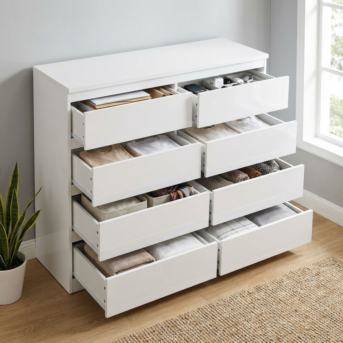 Angeles High Gloss 8 Drawer Lowboy - White – Treasurebox