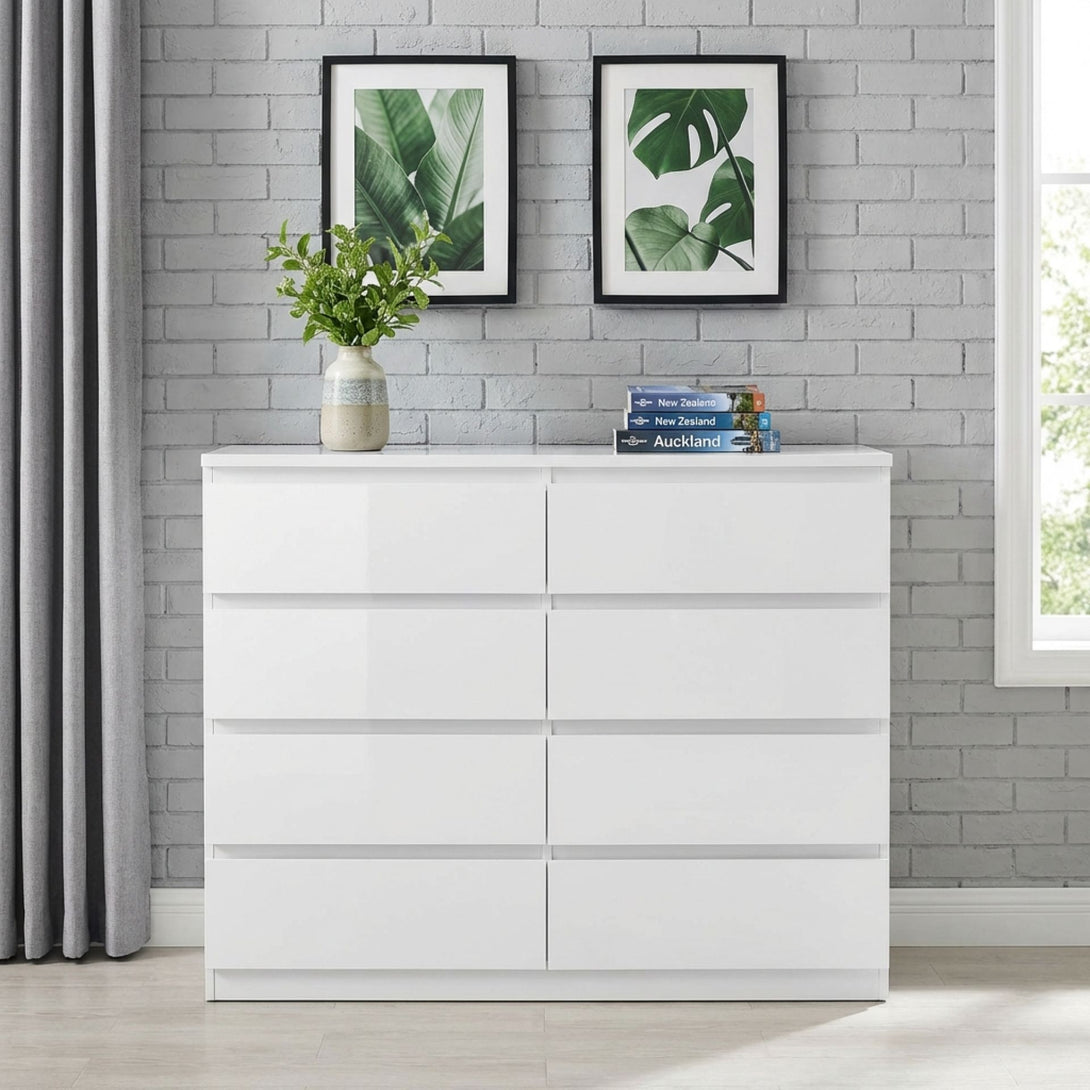 Angeles High Gloss 8 Drawer Lowboy - White – Treasurebox