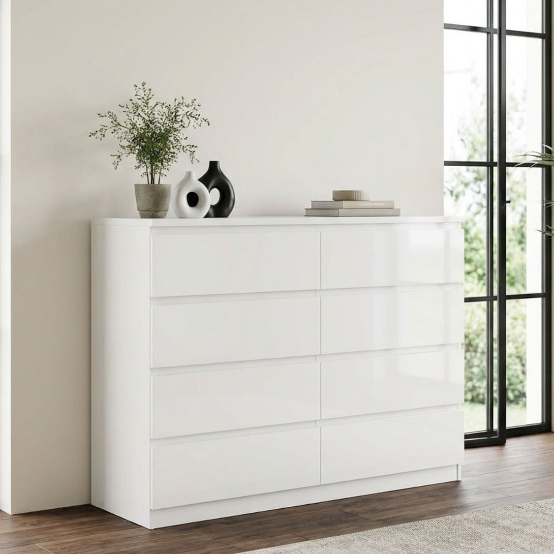 Angeles High Gloss 8 Drawer Lowboy - White – Treasurebox