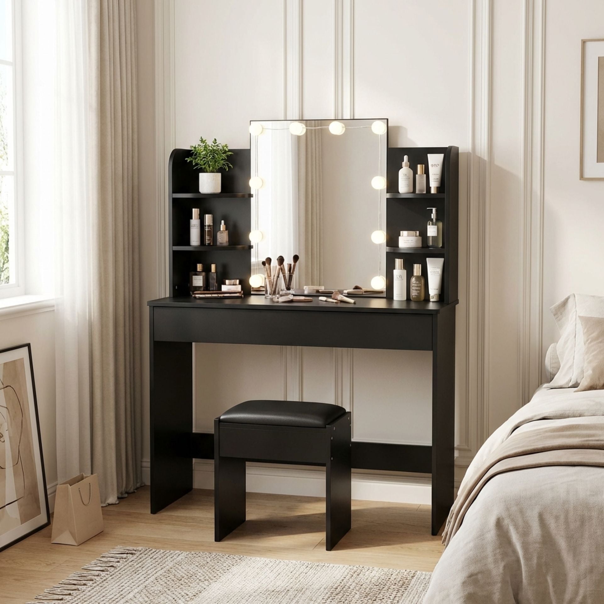 CELOSIA 2 Piece Dressing Table with Mirror & Stool Set - Black ...