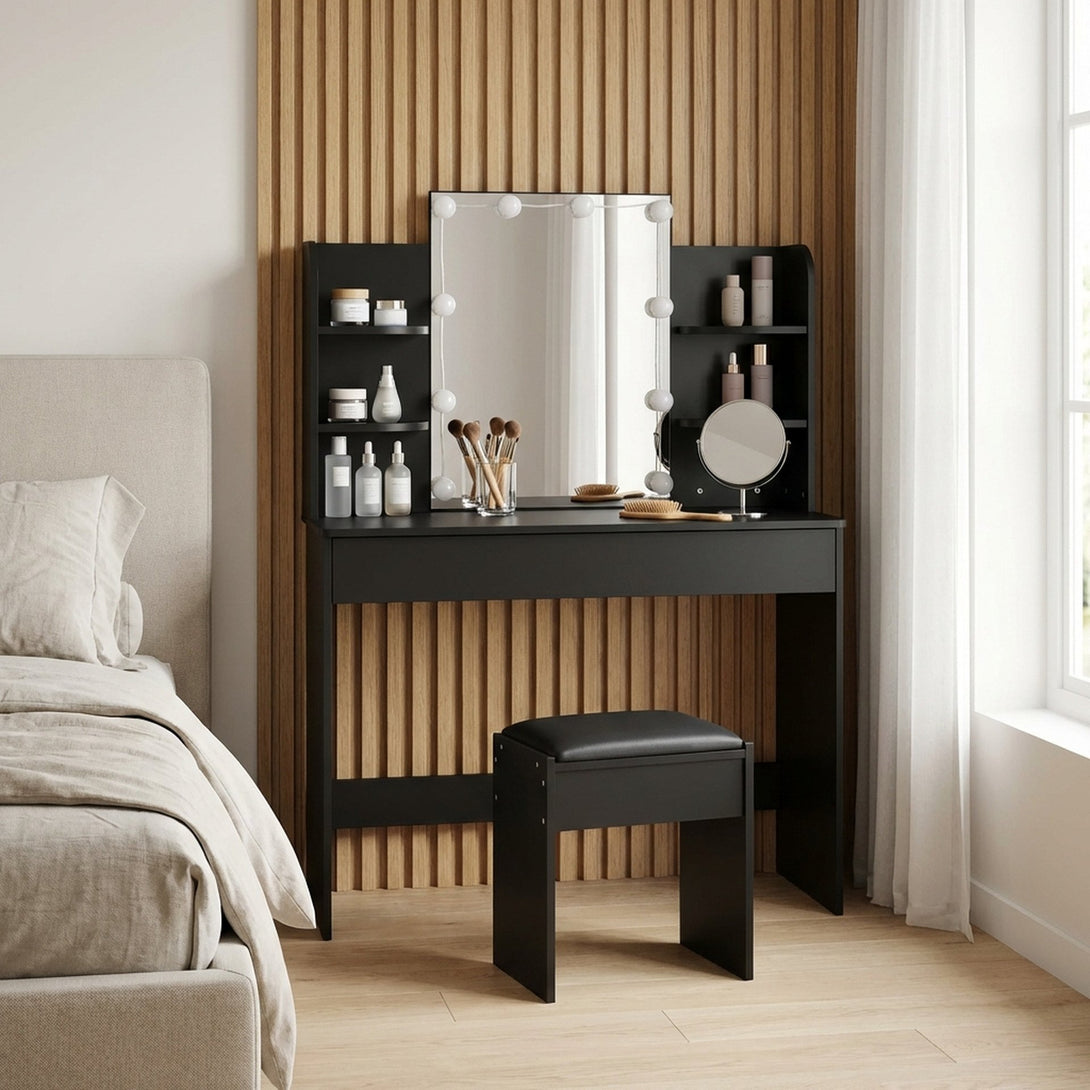 CELOSIA 2 Piece Dressing Table with Mirror & Stool Set - Black ...