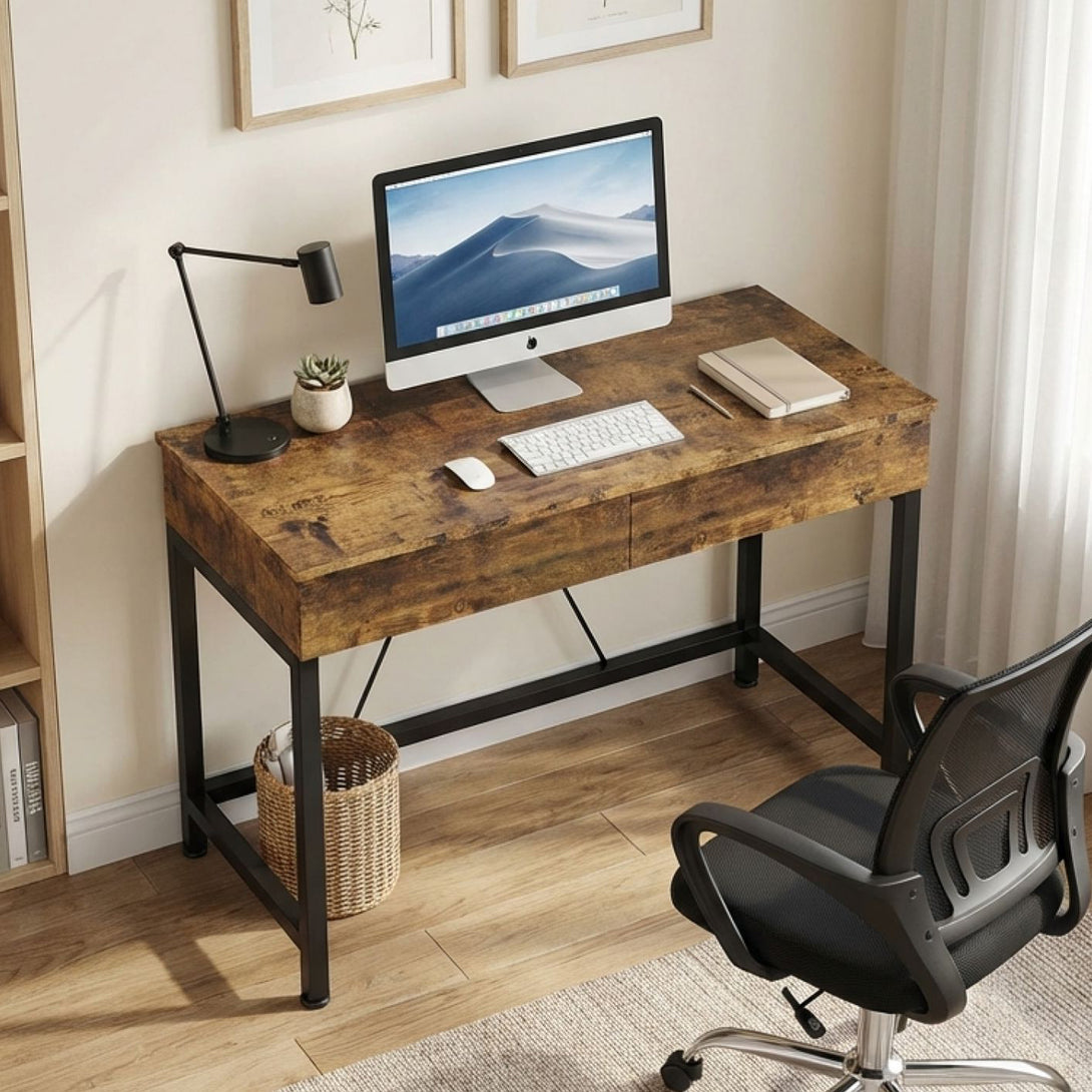 Brooks 100cm Computer Desk with 2 Drawers - Rustic Brown – Treasurebox