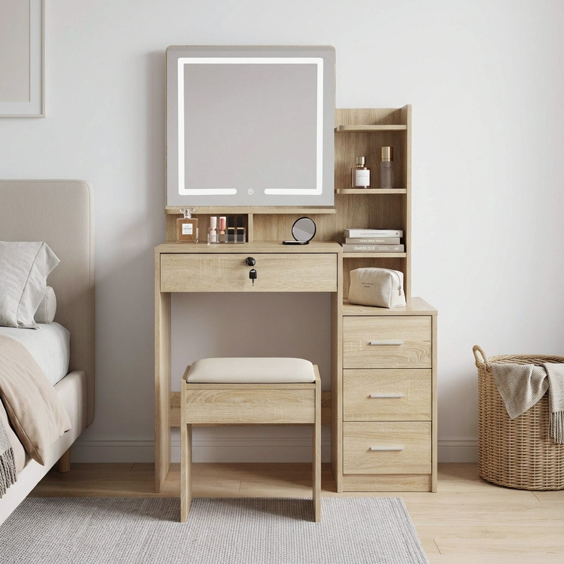 GARDENIA 2 Piece Dressing Table with Mirror & Stool Set - Oak – Treasurebox