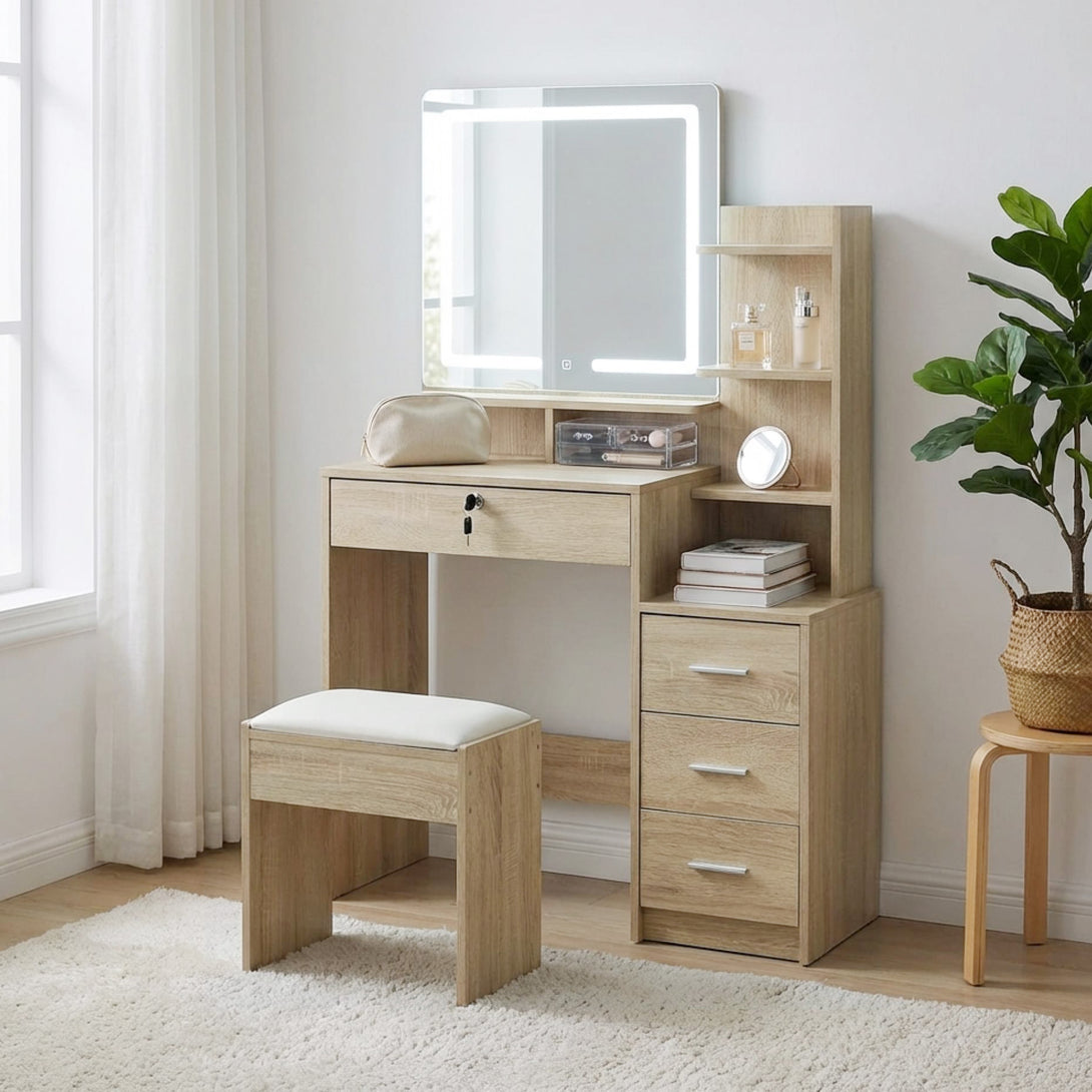 GARDENIA 2 Piece Dressing Table with Mirror & Stool Set - Oak – Treasurebox