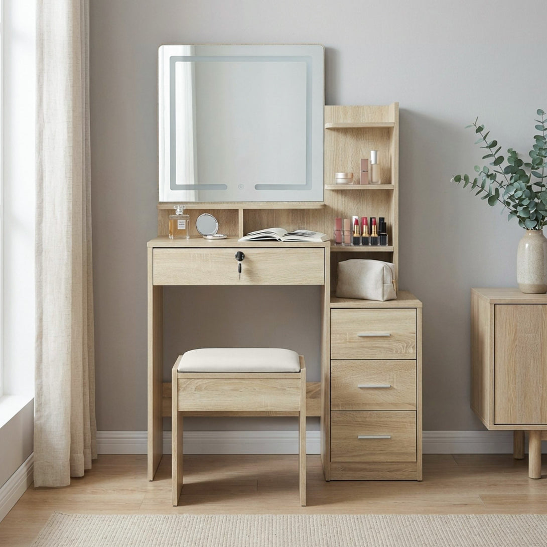 GARDENIA 2 Piece Dressing Table with Mirror & Stool Set - Oak – Treasurebox