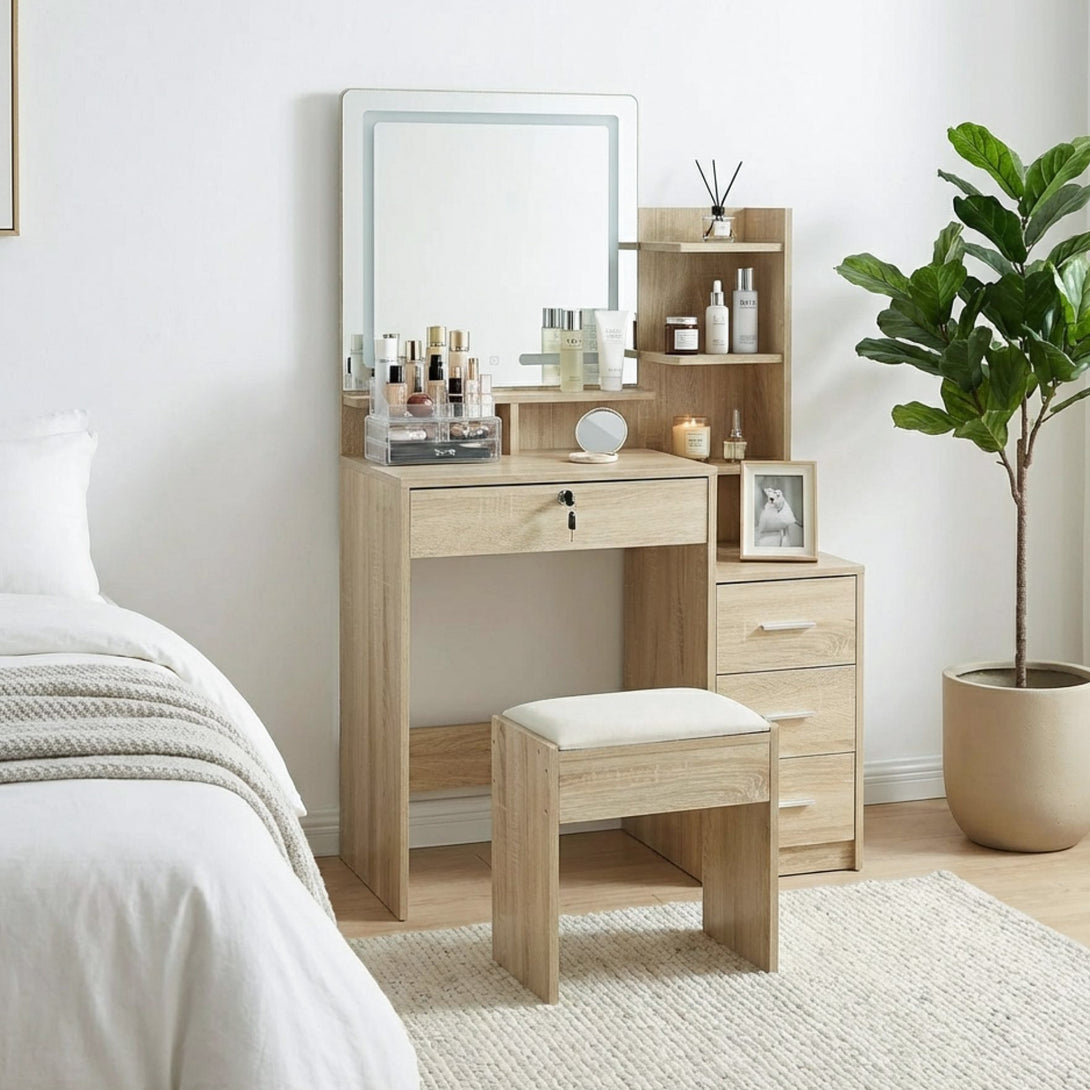 GARDENIA 2 Piece Dressing Table with Mirror & Stool Set - Oak – Treasurebox