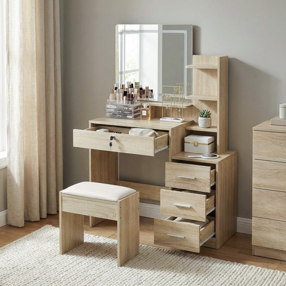 GARDENIA 2 Piece Dressing Table with Mirror & Stool Set - Oak – Treasurebox