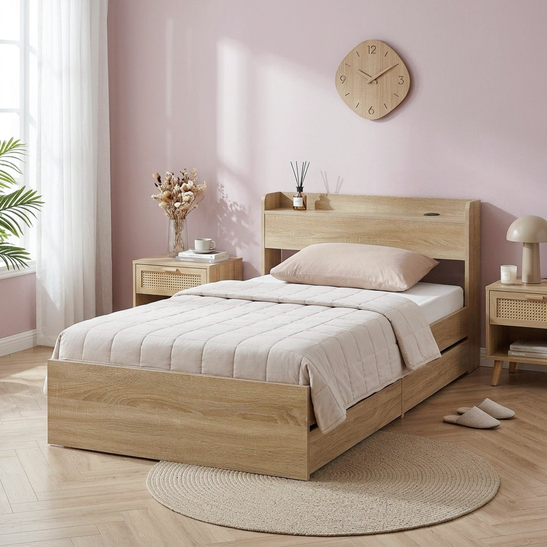 Elda King Single Bed Frame with USB Port & Drawers - Natural – Treasurebox