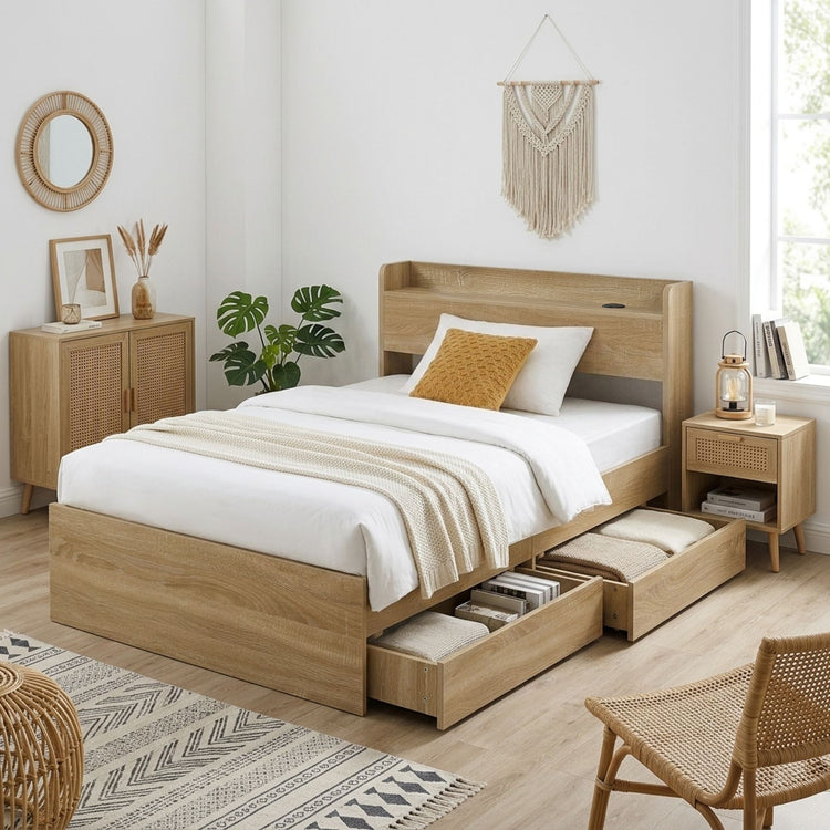 Elda King Single Bed Frame with USB Port & Drawers - Natural – Treasurebox