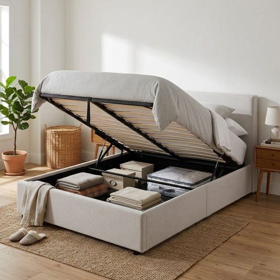 Hauora Double Gas Lift Bed Frame - Beige – Treasurebox