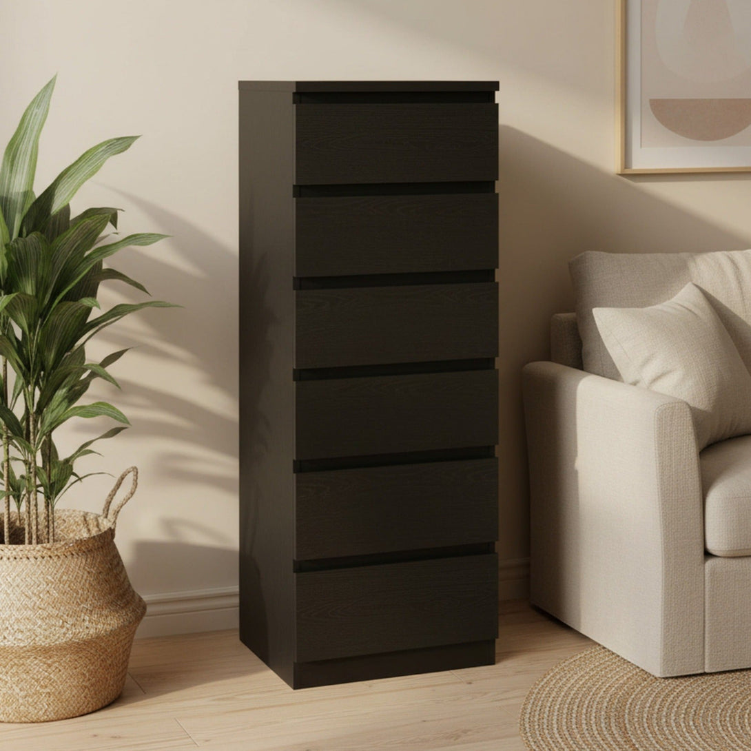 Tongass Wooden 6 Drawers Slim Tallboy - Black – Treasurebox