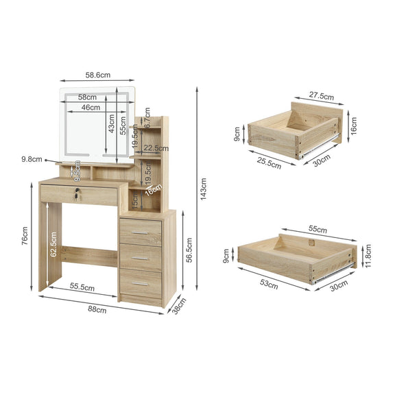 GARDENIA 2 Piece Dressing Table with Mirror & Stool Set - Oak – Treasurebox
