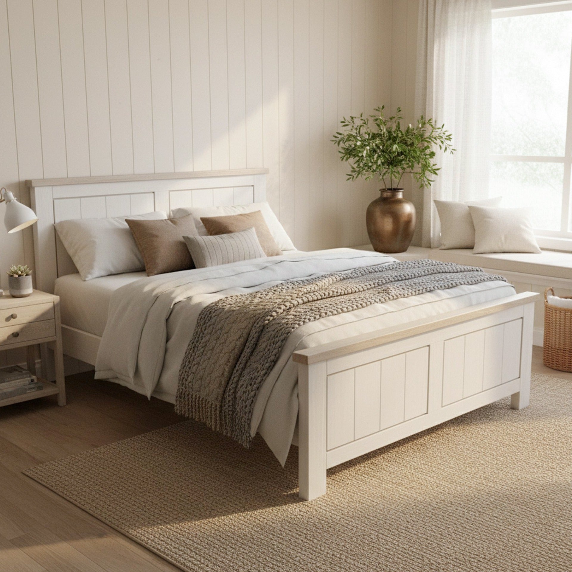 Aurora Solid Wood Queen Bed Frame - White | Elegant Design – Treasurebox