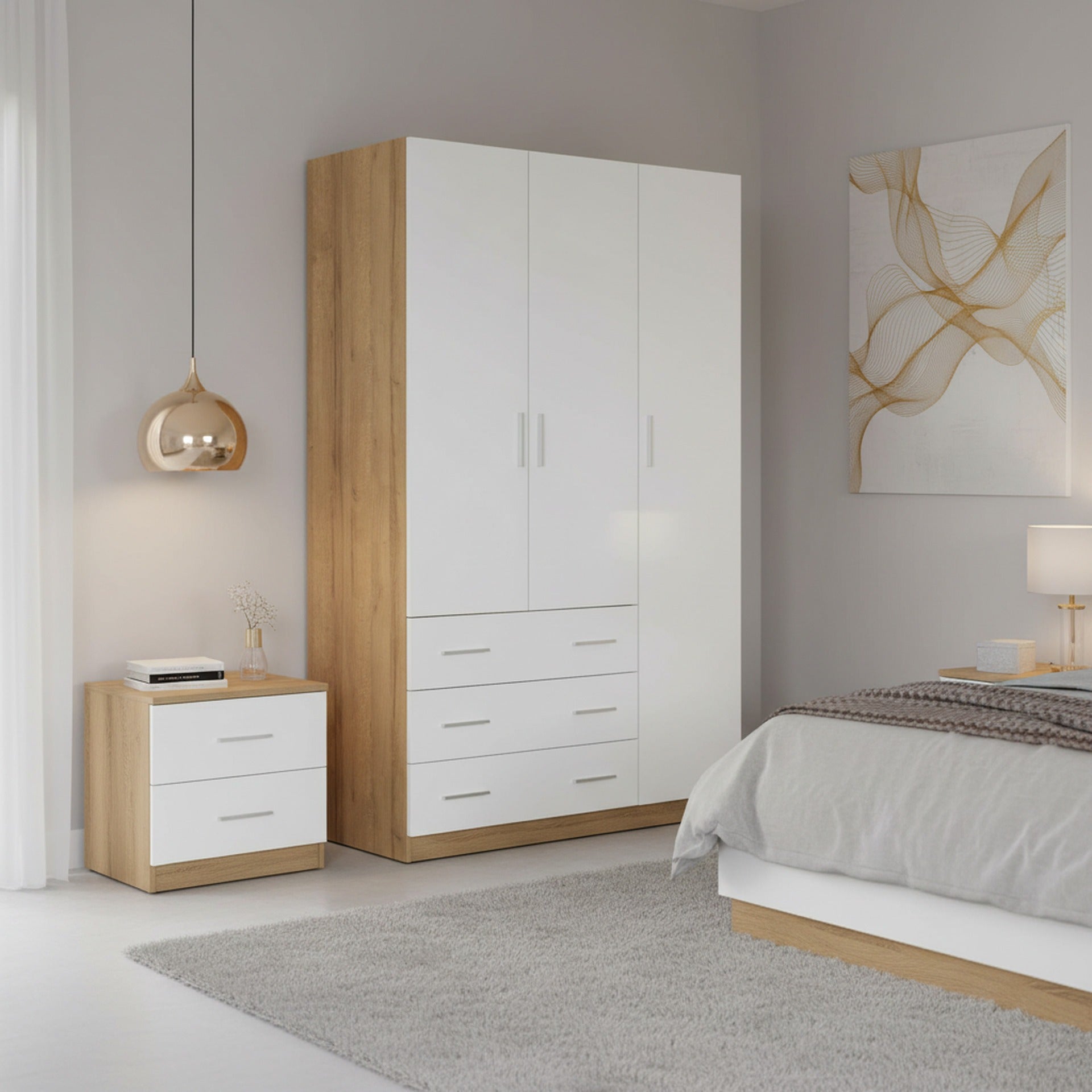 Harris 3 Door Wardrobe with Drawers - Oak + White – Treasurebox