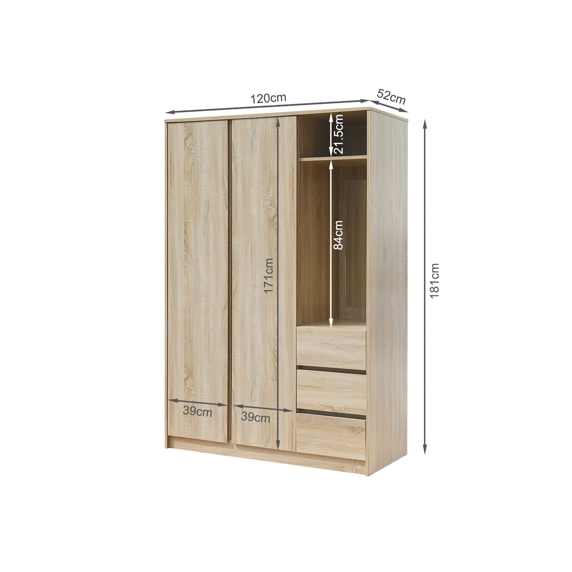 Julia 2 Door Wardrobe With 3 Drawers - Oak – Treasurebox